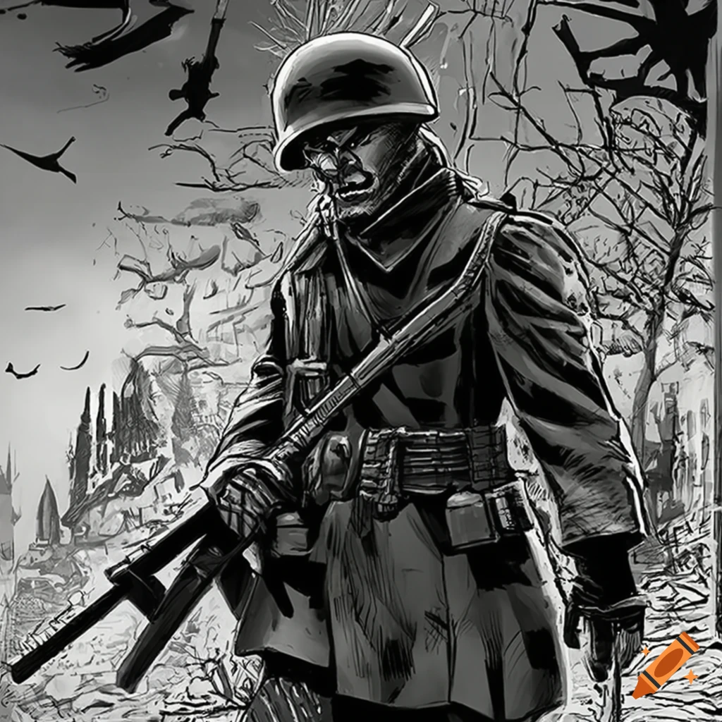 Black and white comic book art of finnish soldier in wwii on Craiyon