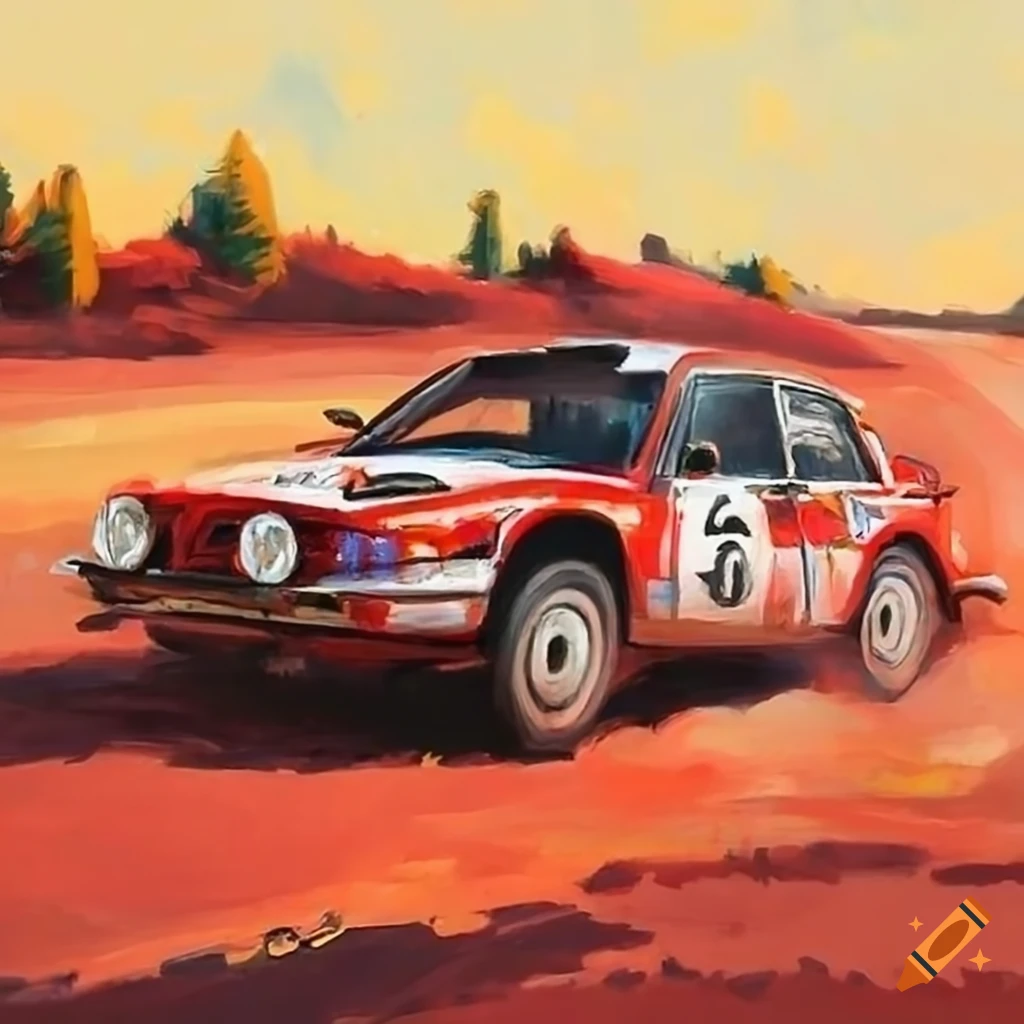 Detailed artwork of two rally cars racing on a dirt road on Craiyon