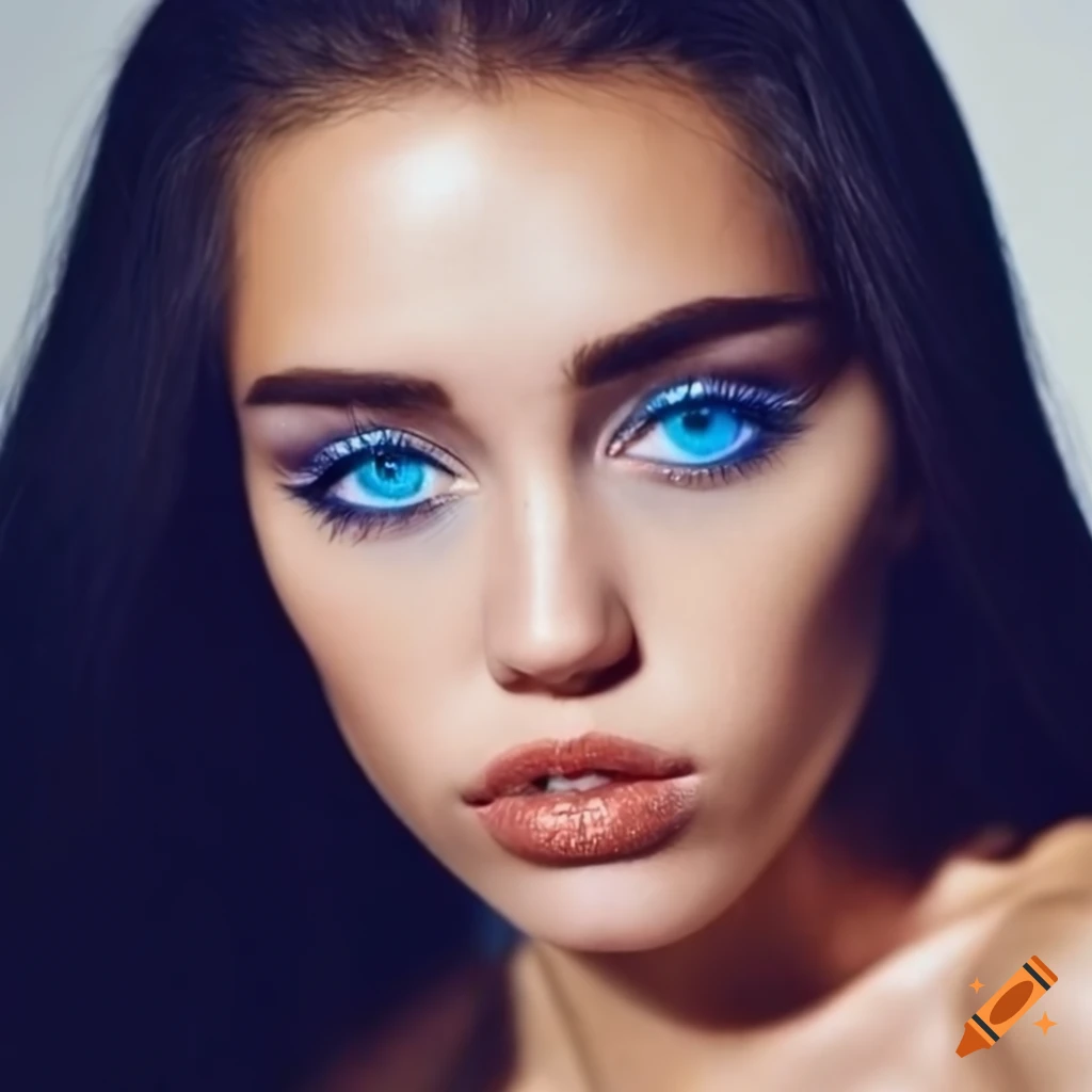 Portrait of a beautiful woman with tan skin and blue catlike eyes on Craiyon