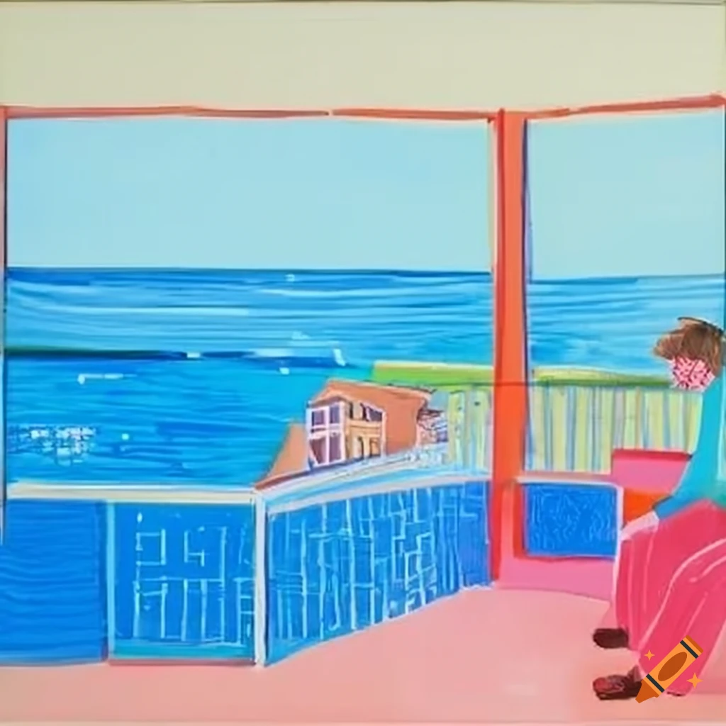 David hockney-inspired painting of a seaside square