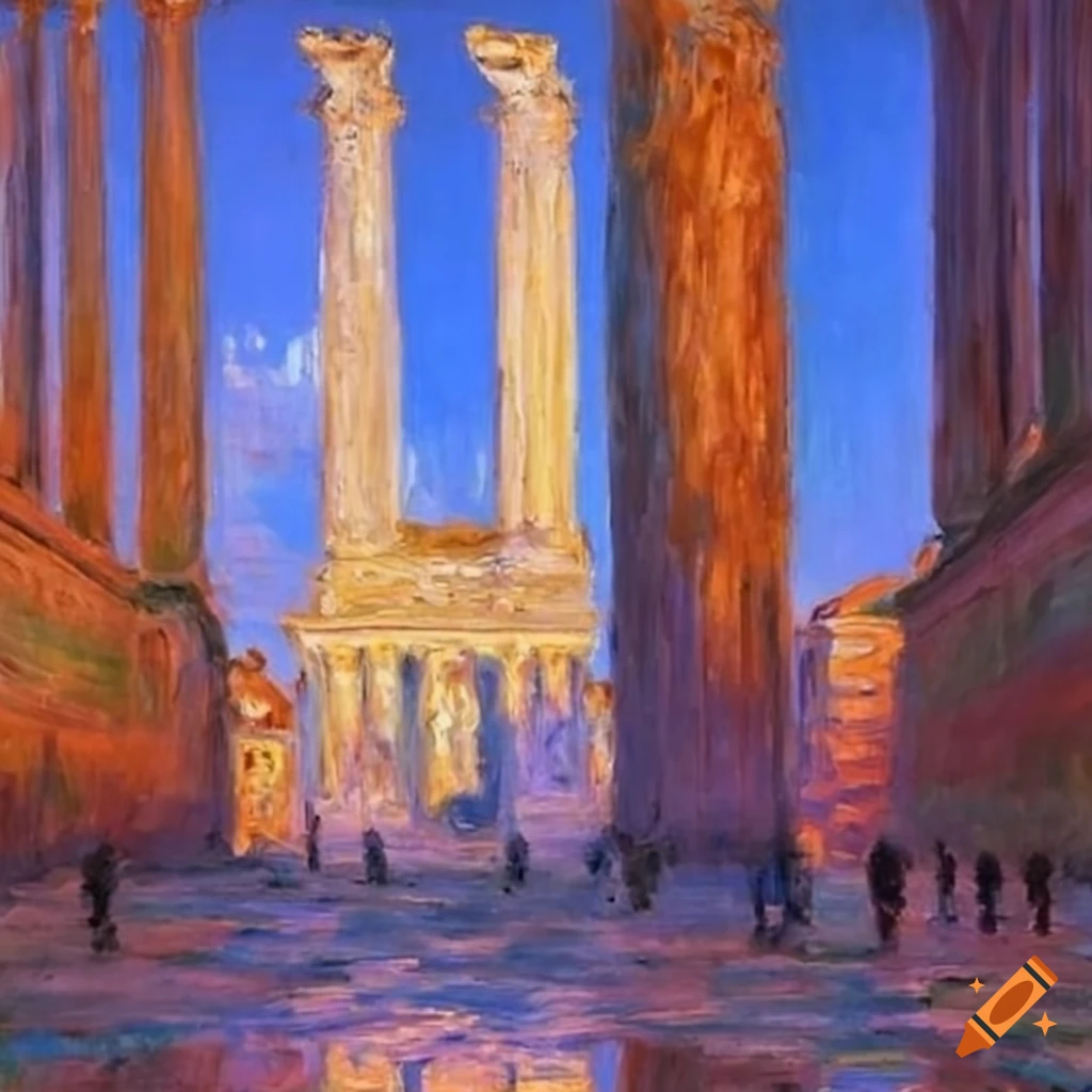Tall orange roman columns in a grand amphitheater on Craiyon