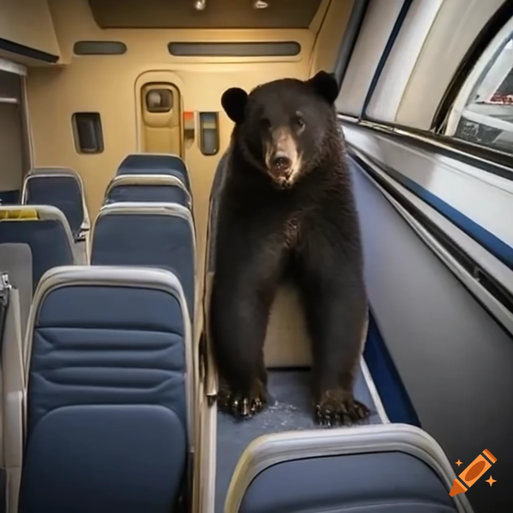 Satirical image of a bear sitting on a train seat