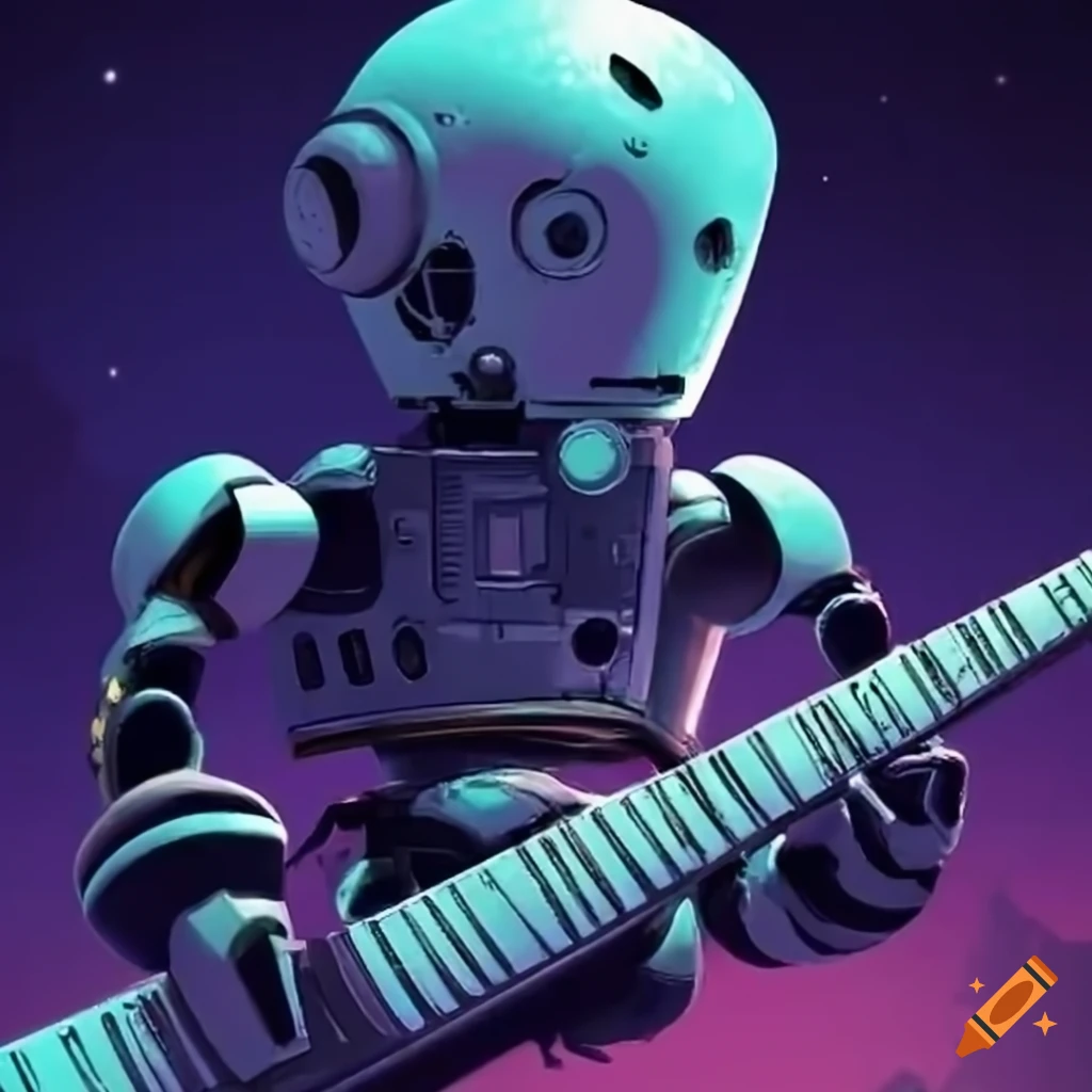 Sci-fi artwork of a broken robot in space playing a keytar on Craiyon