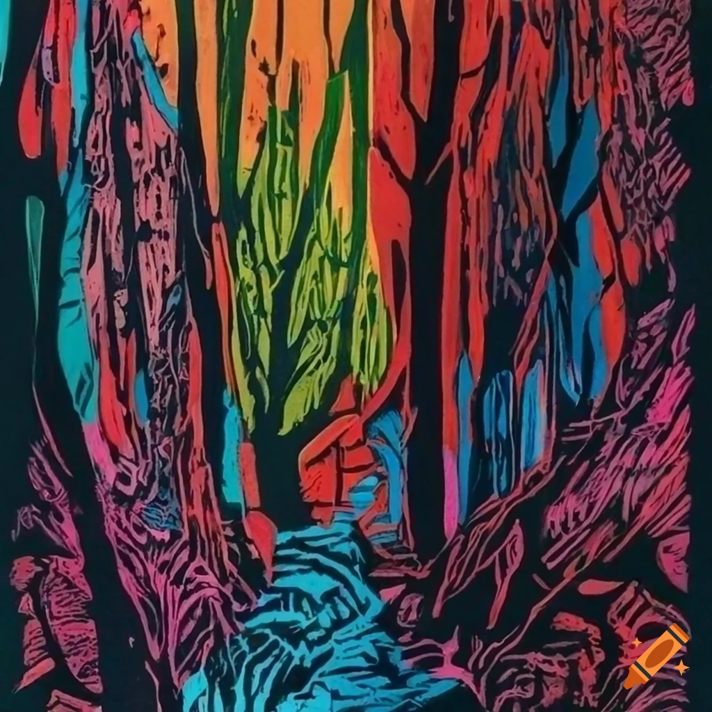 Colorful rainforest lino print composition on Craiyon