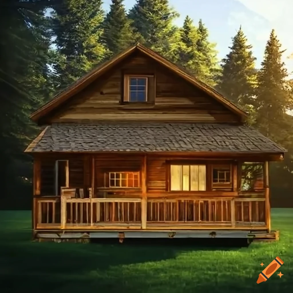 Front view of a wooden cabin with a porch