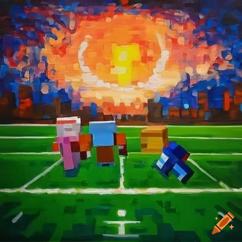 Acrylic painting of Minecraft characters playing football on Craiyon