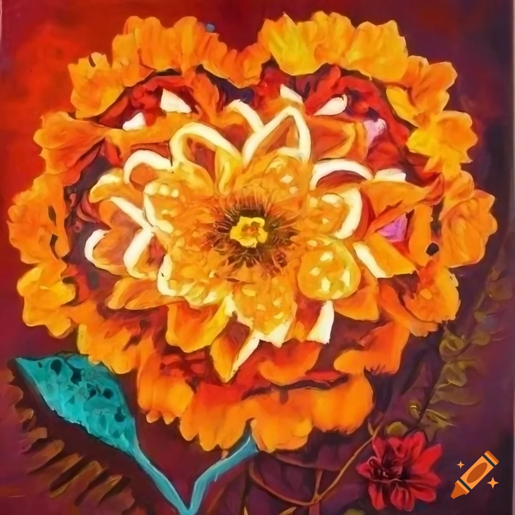Oil painting of flor de cempasúchil and papel picado on Craiyon
