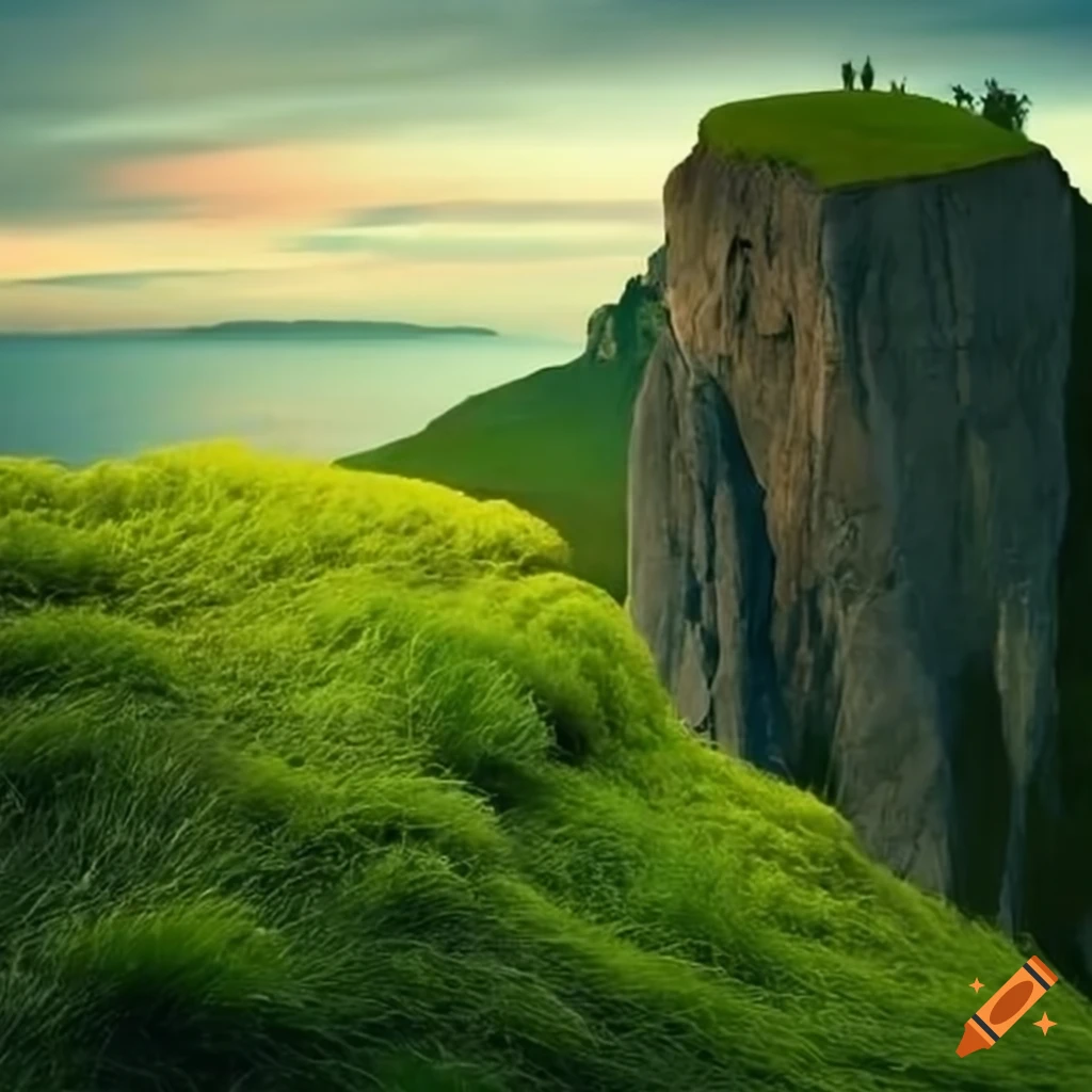 Detailed grassy cliff overlooking a stunning view on Craiyon