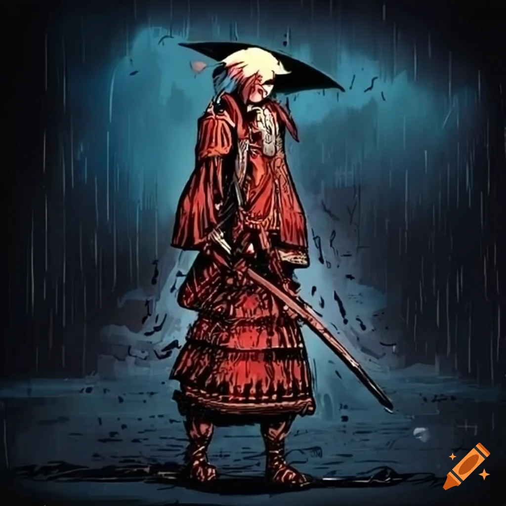 Comic illustration of a sad samurai kitten in the rain on Craiyon
