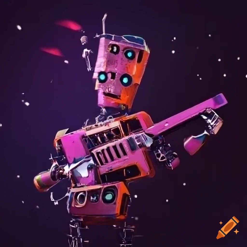 Rusty mechanical robot gnome, angularly shaped, with big hands and ...