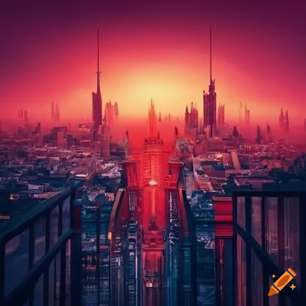 Imperial balcony with red sky overlooking city on Craiyon