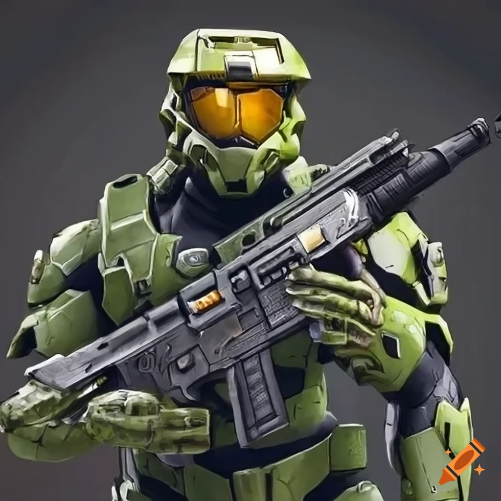 Video game concept with green halo and machine gun on Craiyon