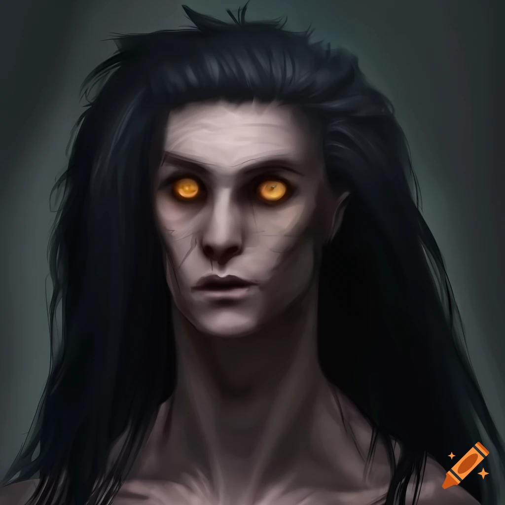 Dark-haired male fantasy character with piercing yellow eyes on Craiyon