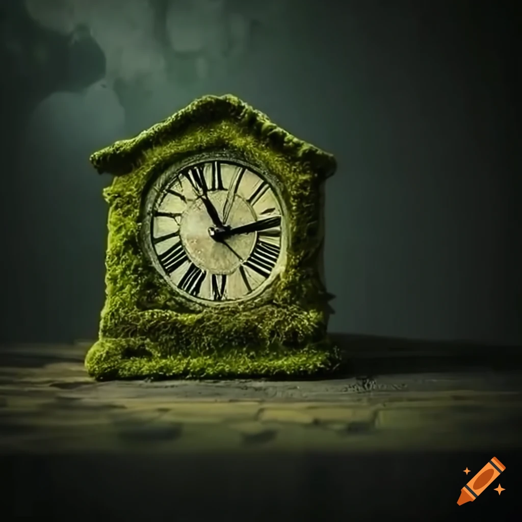 Moss-covered stone clock in a underground city