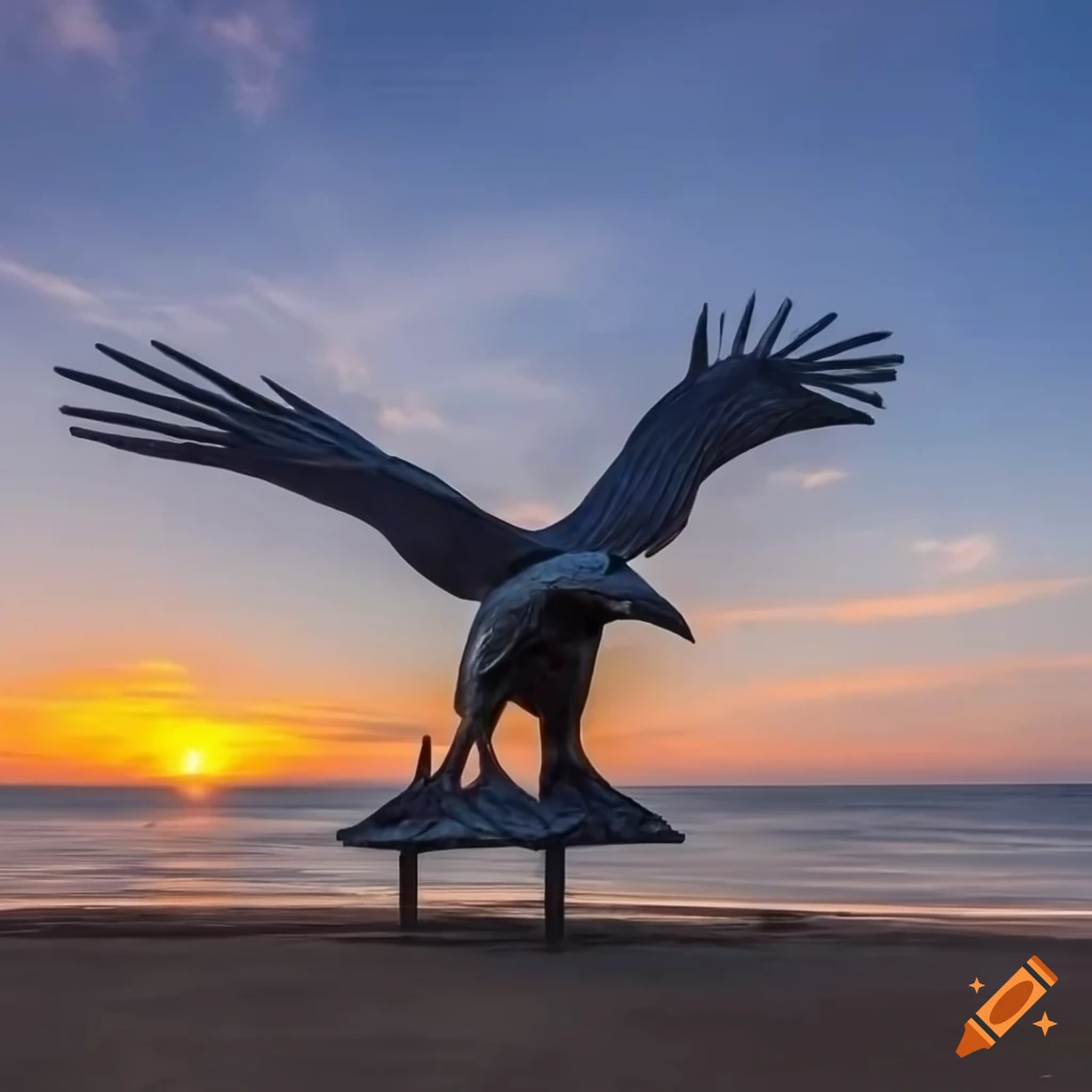 Titanium raven sculpture on the coast at sunset on Craiyon