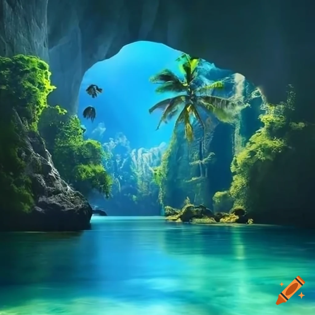Hidden cove with cave entrance and sunken ship on a tropical island on ...