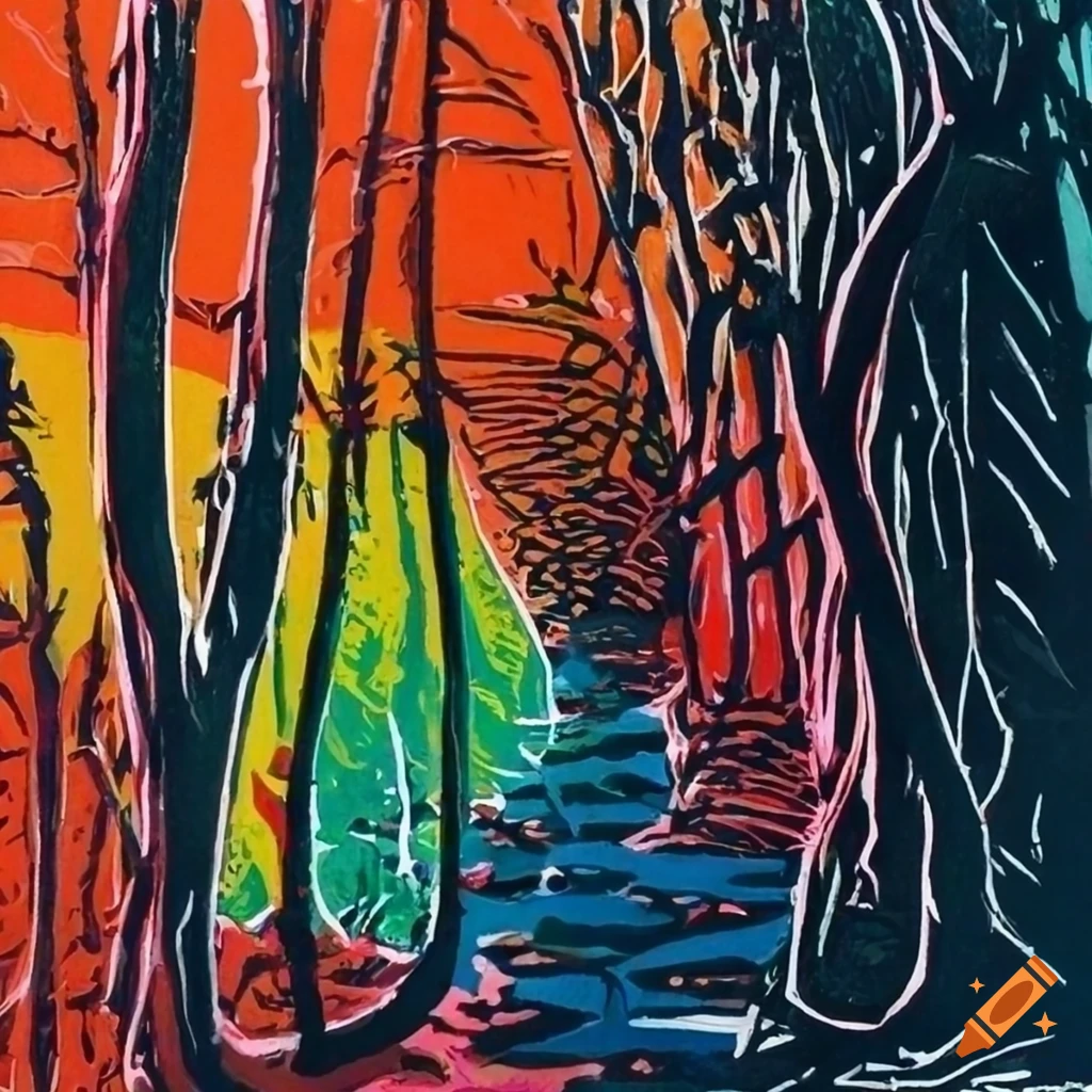 Linocut artwork of a river in lake huron during fall season on Craiyon