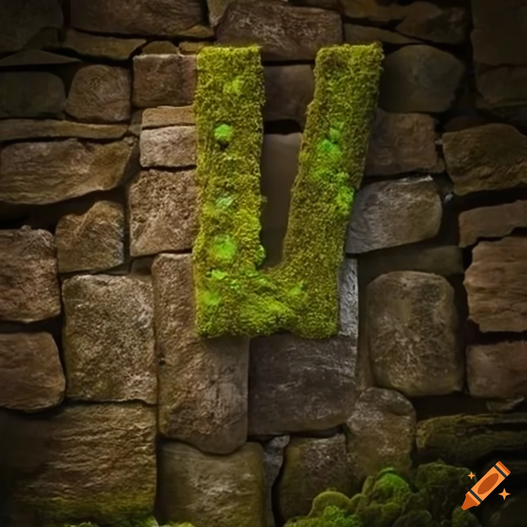 Moss-covered stone letter on a stone wall