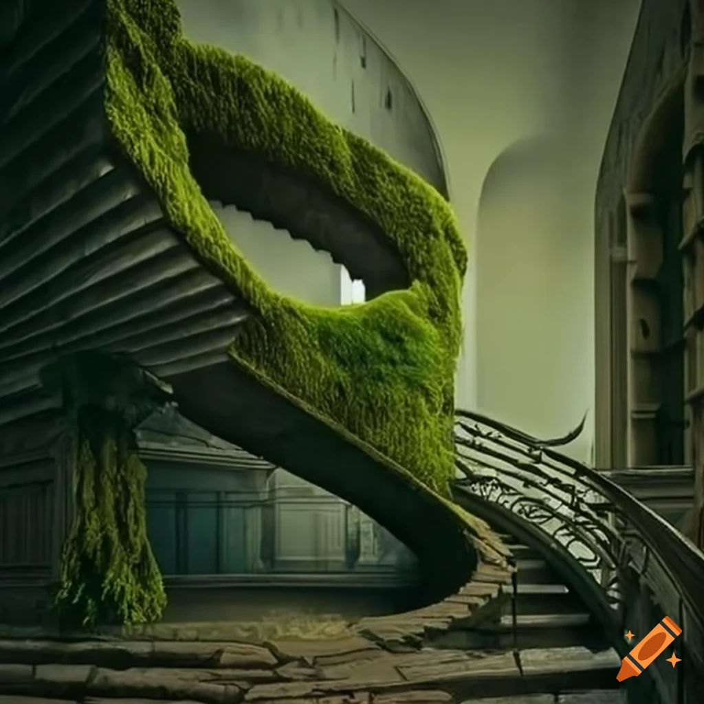 Moss-covered fantasy building with external helical staircase