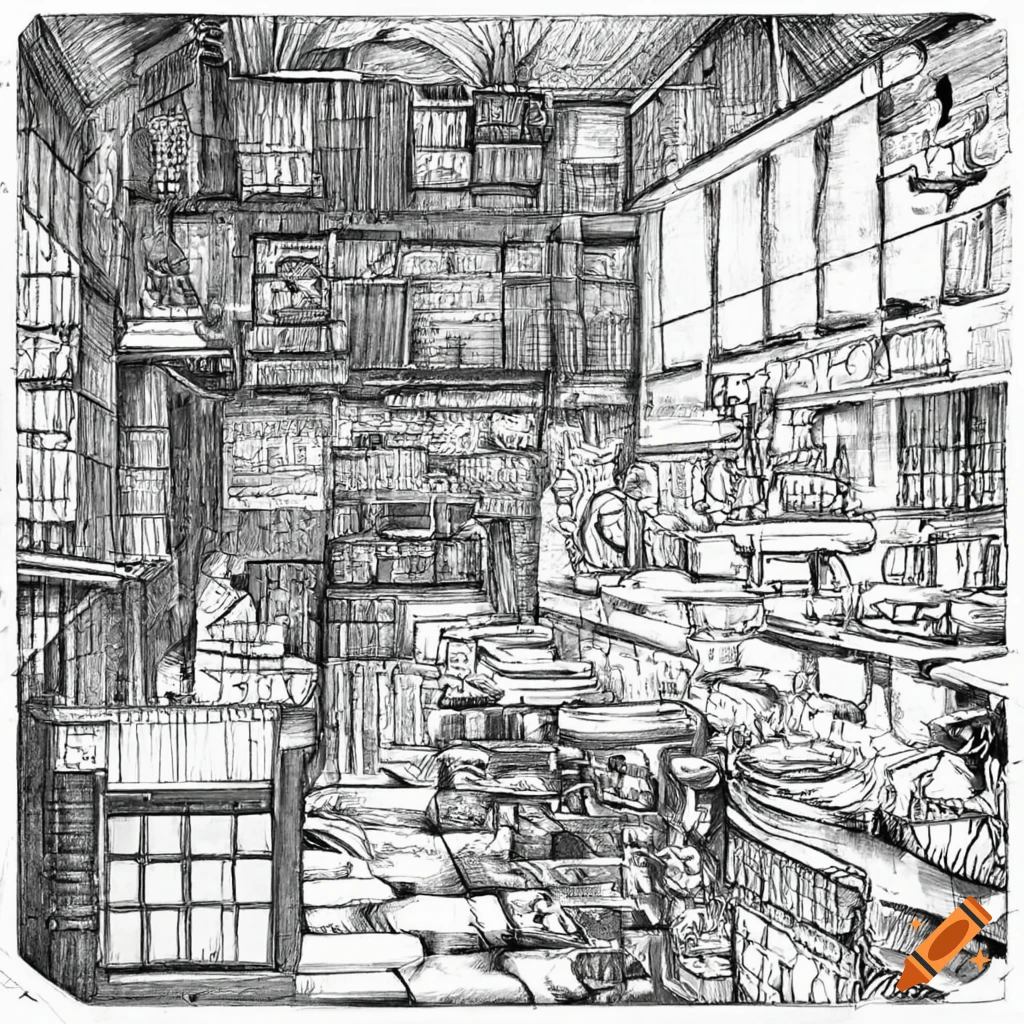 Mc escher style sketch of a coffee shop