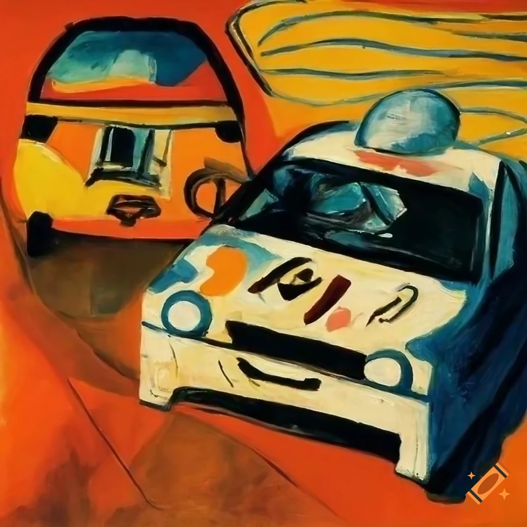 Cubist painting of rally cars racing on a dirt road on Craiyon