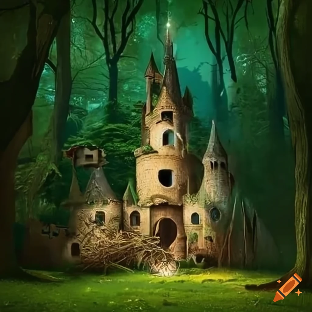 Golden-lit stone village in an enchanted forest on Craiyon