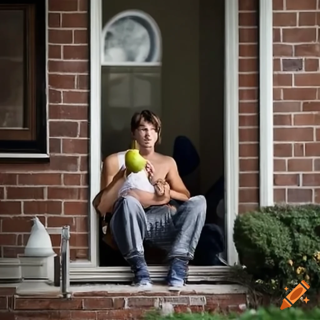 Ashton kutcher enjoying a pear on his porch on Craiyon