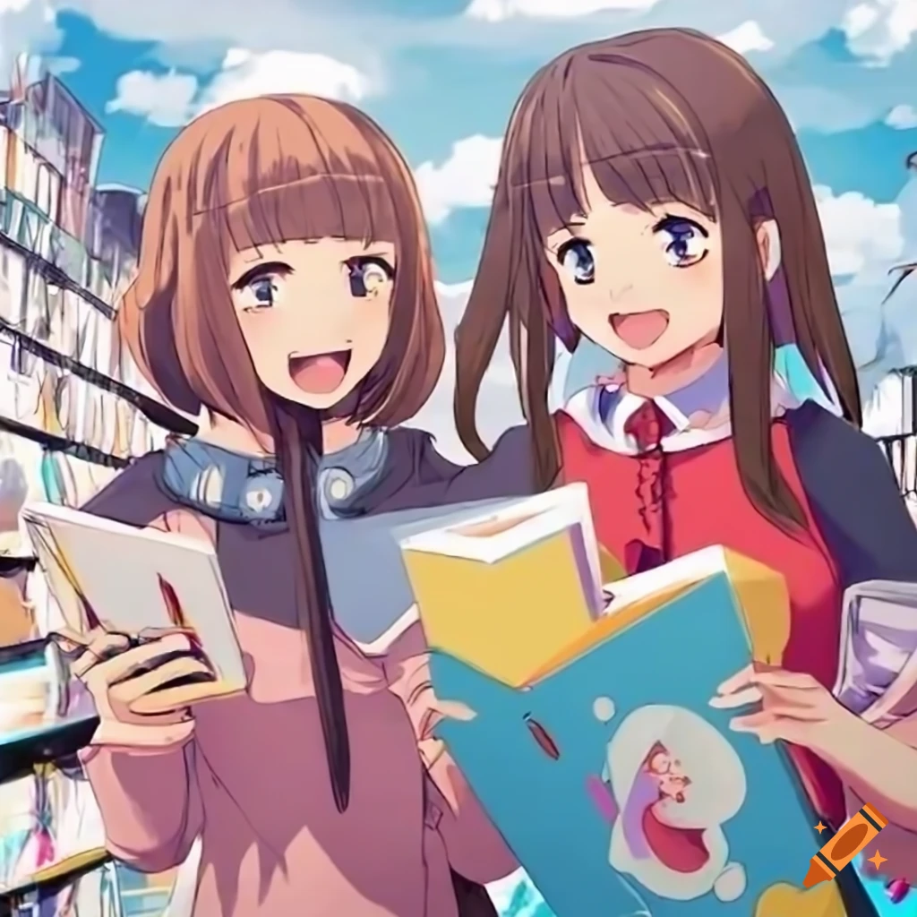Joyful anime girls browsing textbooks at a crowded open-air book stall ...