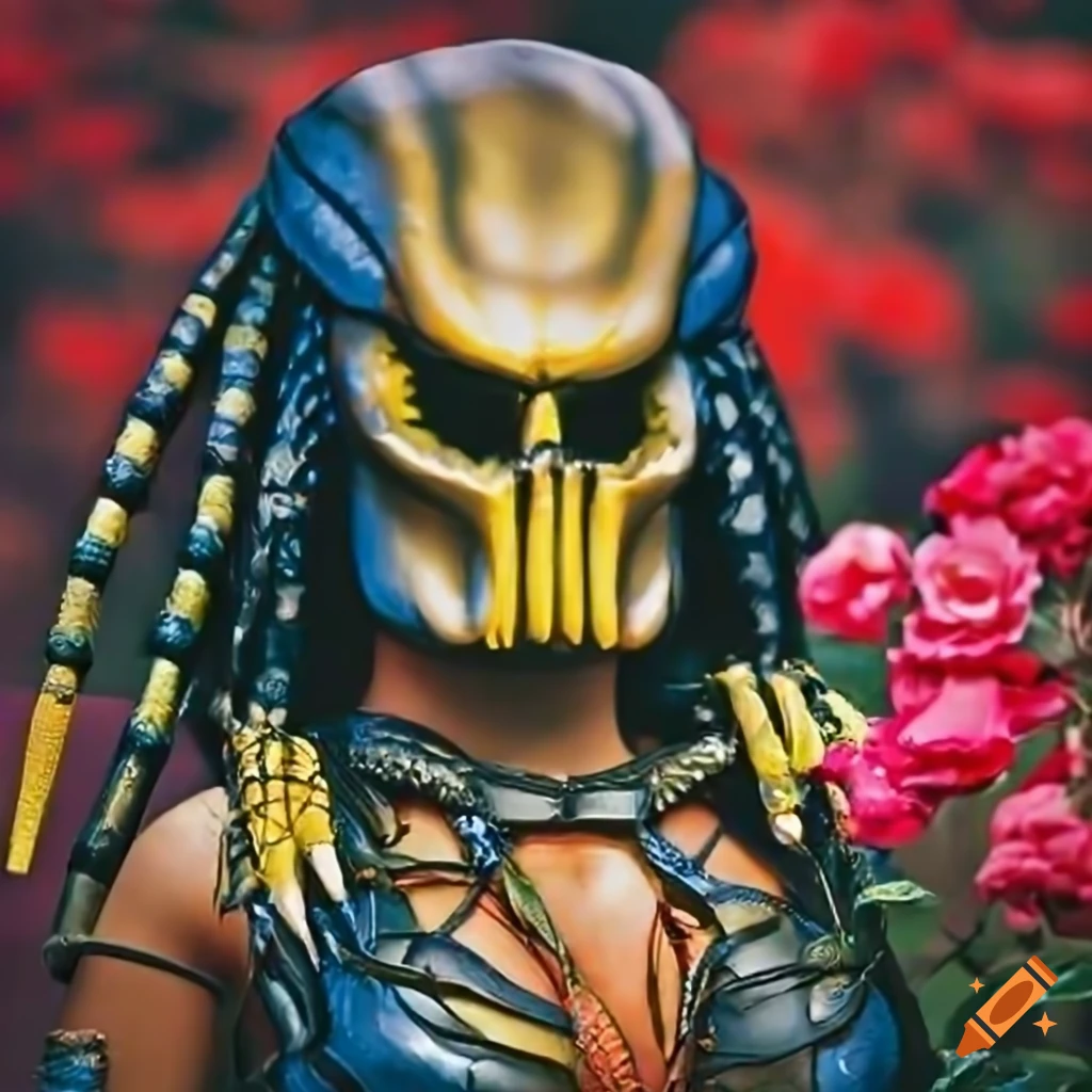 Illustration of an alien woman with flowers and sword on Craiyon