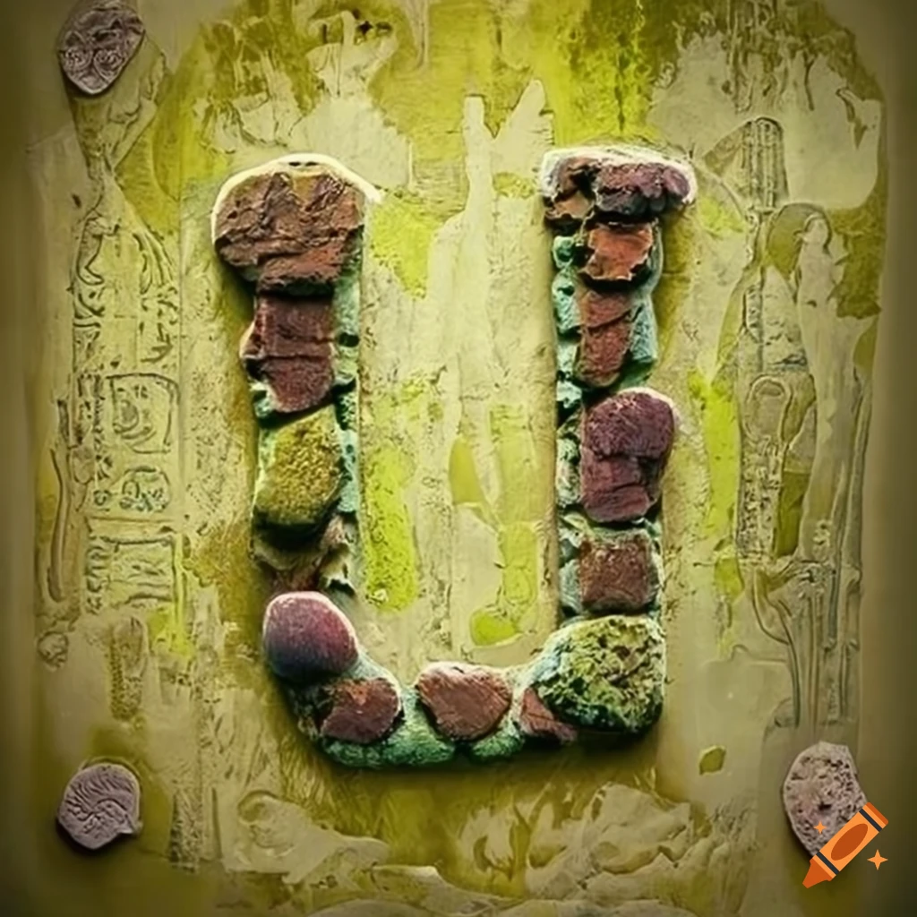 Ancient stone letter 'm' covered in moss