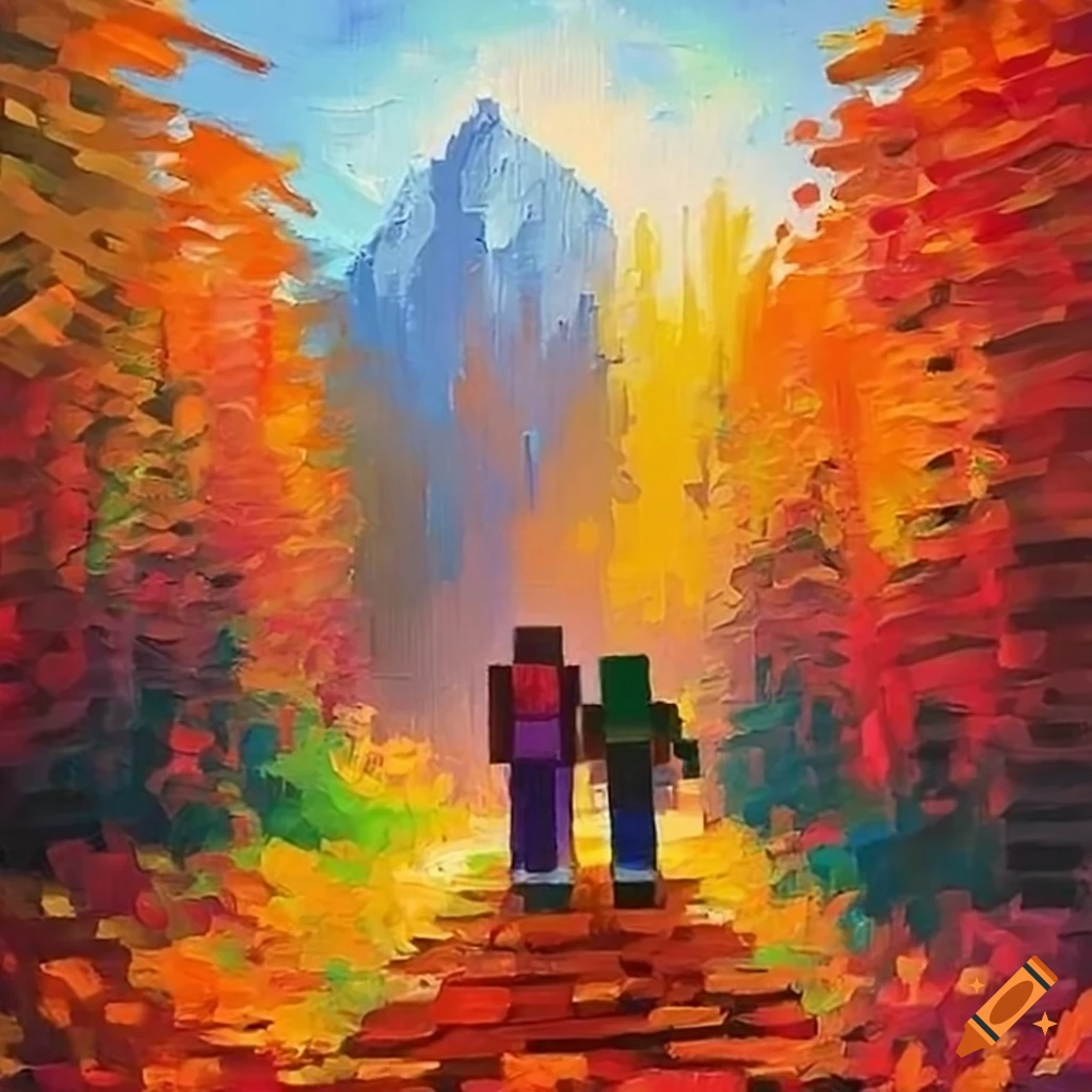 Acrylic painting of minecraft characters in autumn mountains on Craiyon