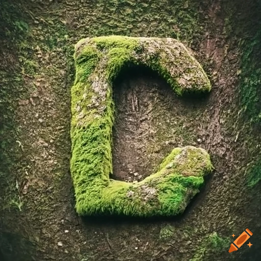 Moss-covered ancient stone letter a in a field