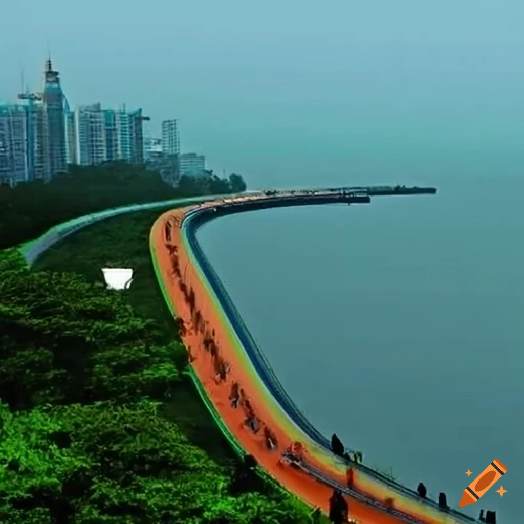 Greenery on the sides of marine drive, cityscape in the background on ...