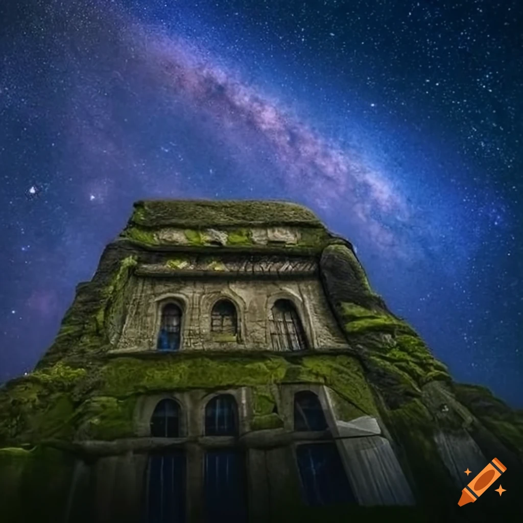 Escher-style building with moss and planets in the background on Craiyon