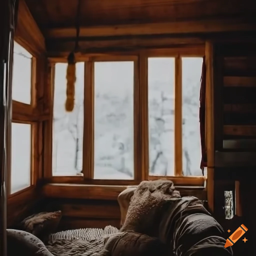 Cozy winter cabin room with large window on Craiyon