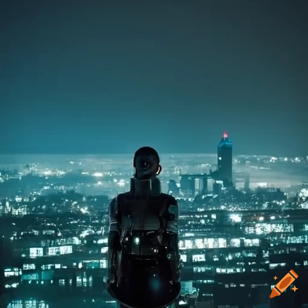 Cyborg observing the city from a hilltop on Craiyon