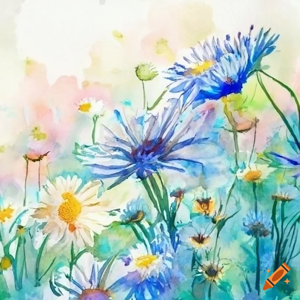 Watercolor of a summer garden with red, white and blue flowers on Craiyon
