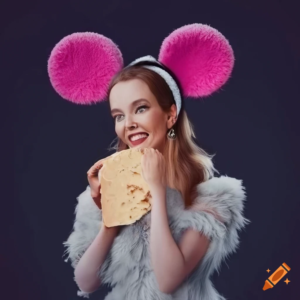 Woman with mouse ears and giant cheese