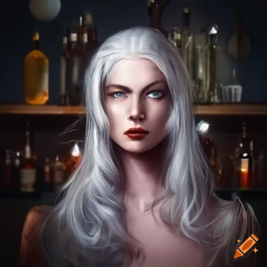 Artistic depiction of a silver-haired goddess bartender