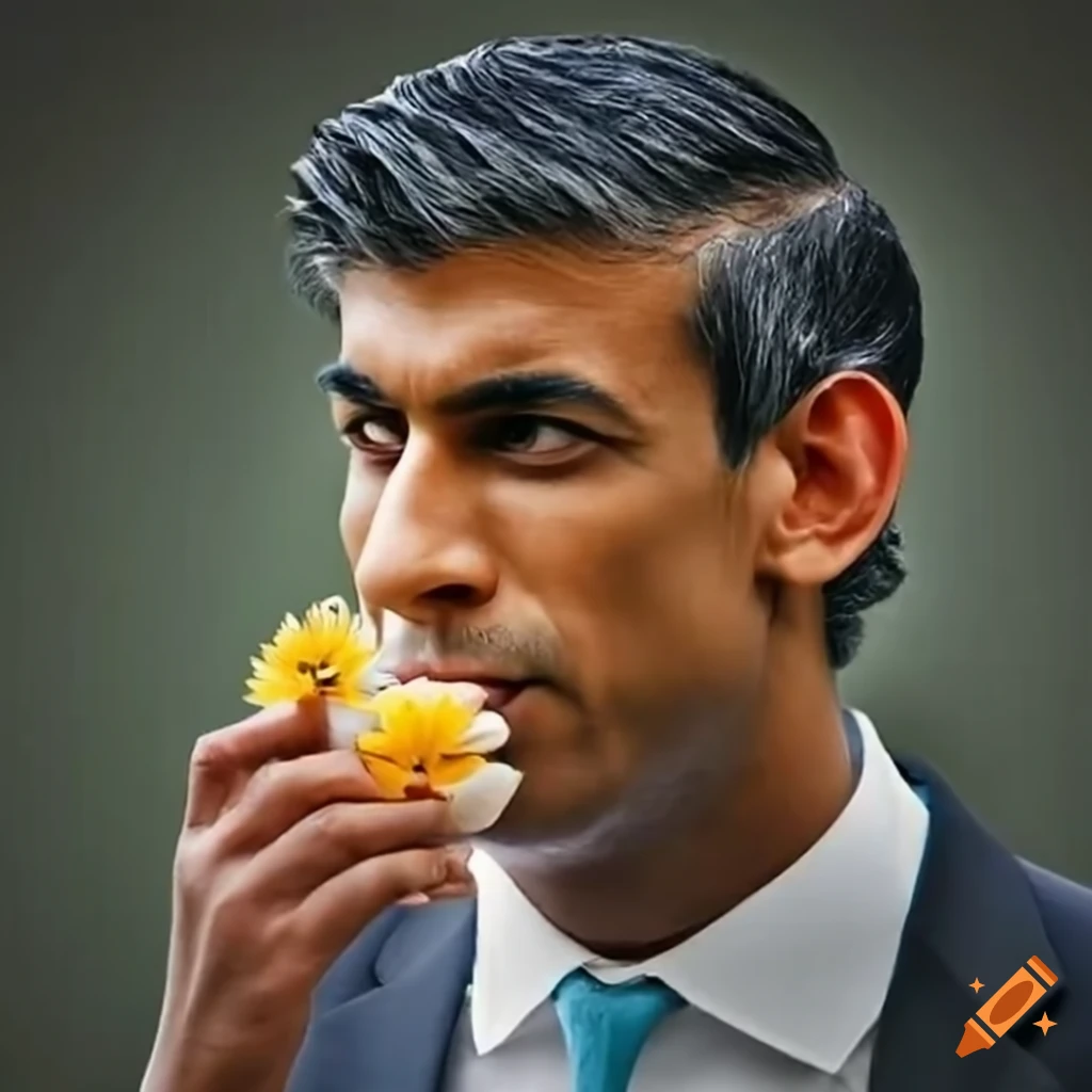 Rishi sunak sniffing a luxurious fragrance on Craiyon