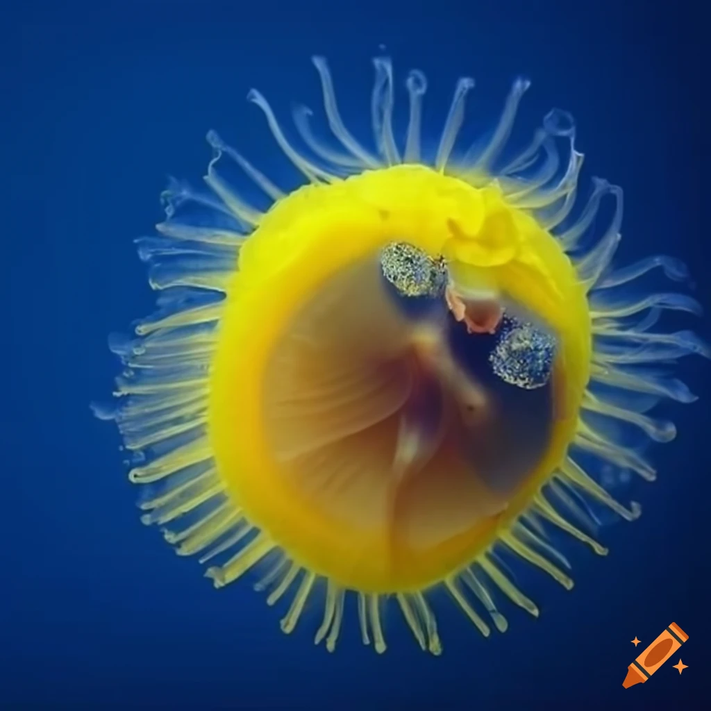 Translucent yellow underwater creature on dark blue background