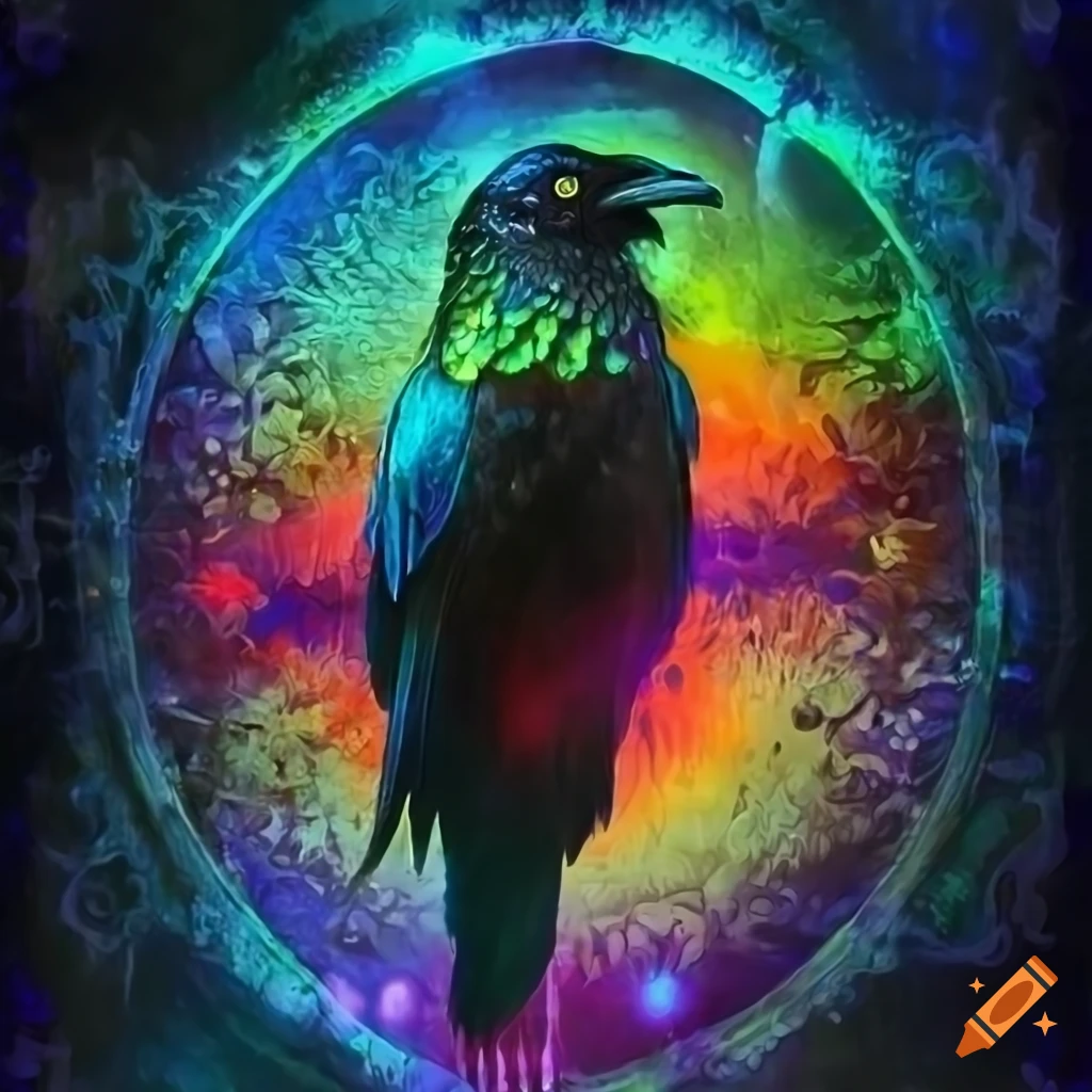 Detailed and colorful fantasy art of a rainbow raven on Craiyon