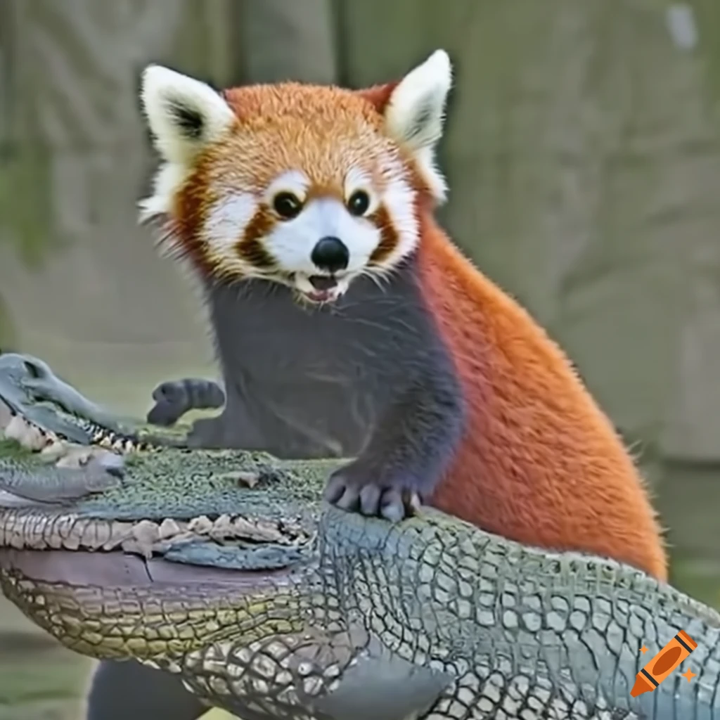 Red panda performing a slam dunk over an alligator