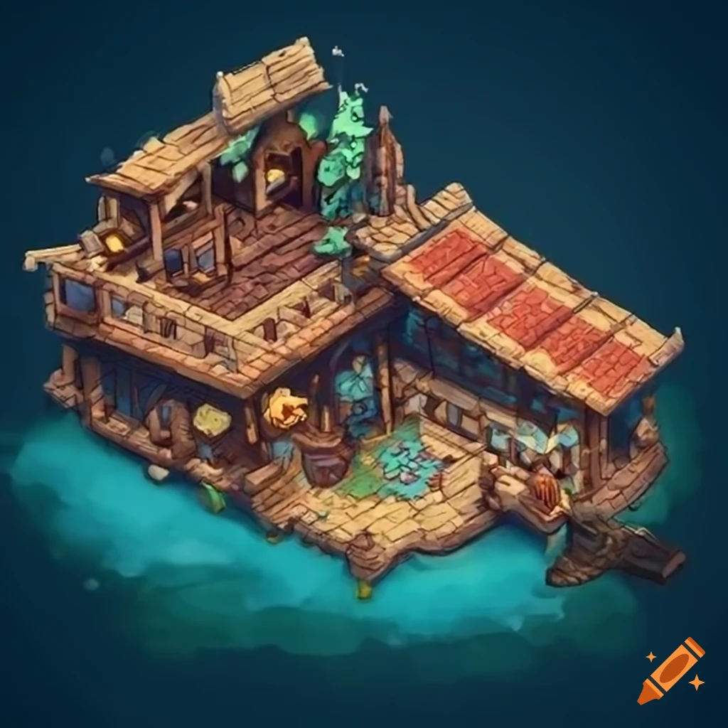 Detailed isometric map with medieval village and market on Craiyon