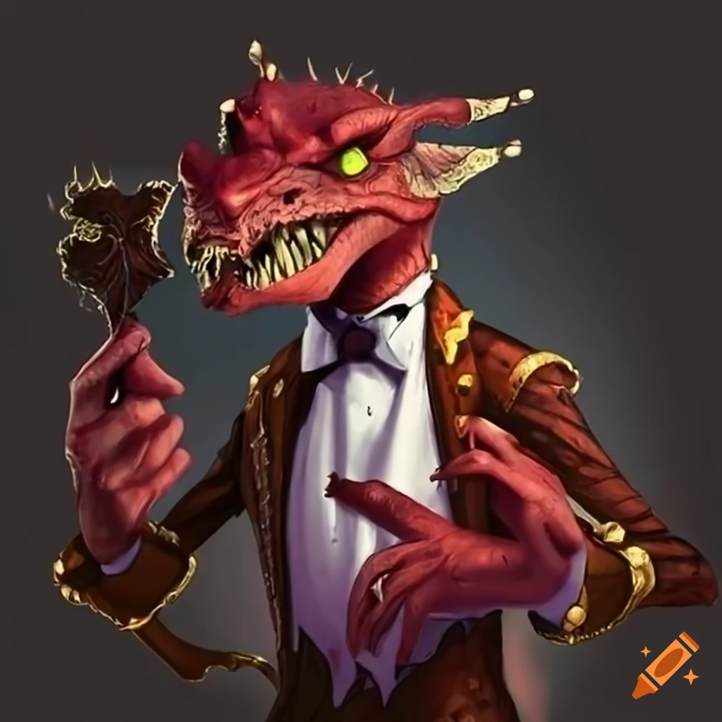 Kobold wearing a masquerade mask and tuxedo