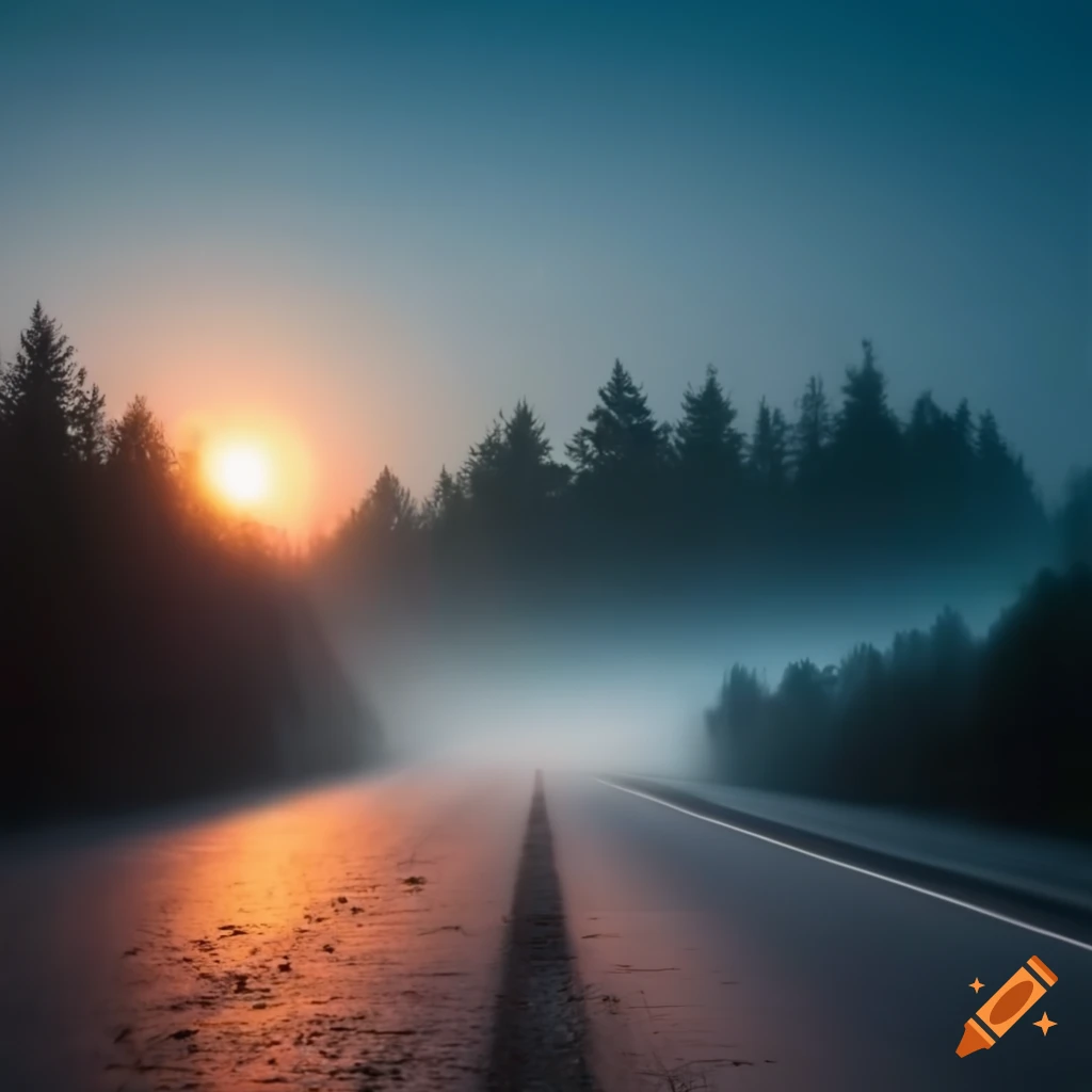 Honda civic driving on a foggy road at dawn on Craiyon
