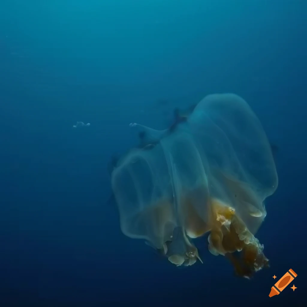 Translucent flower sea creature in deep blue sea