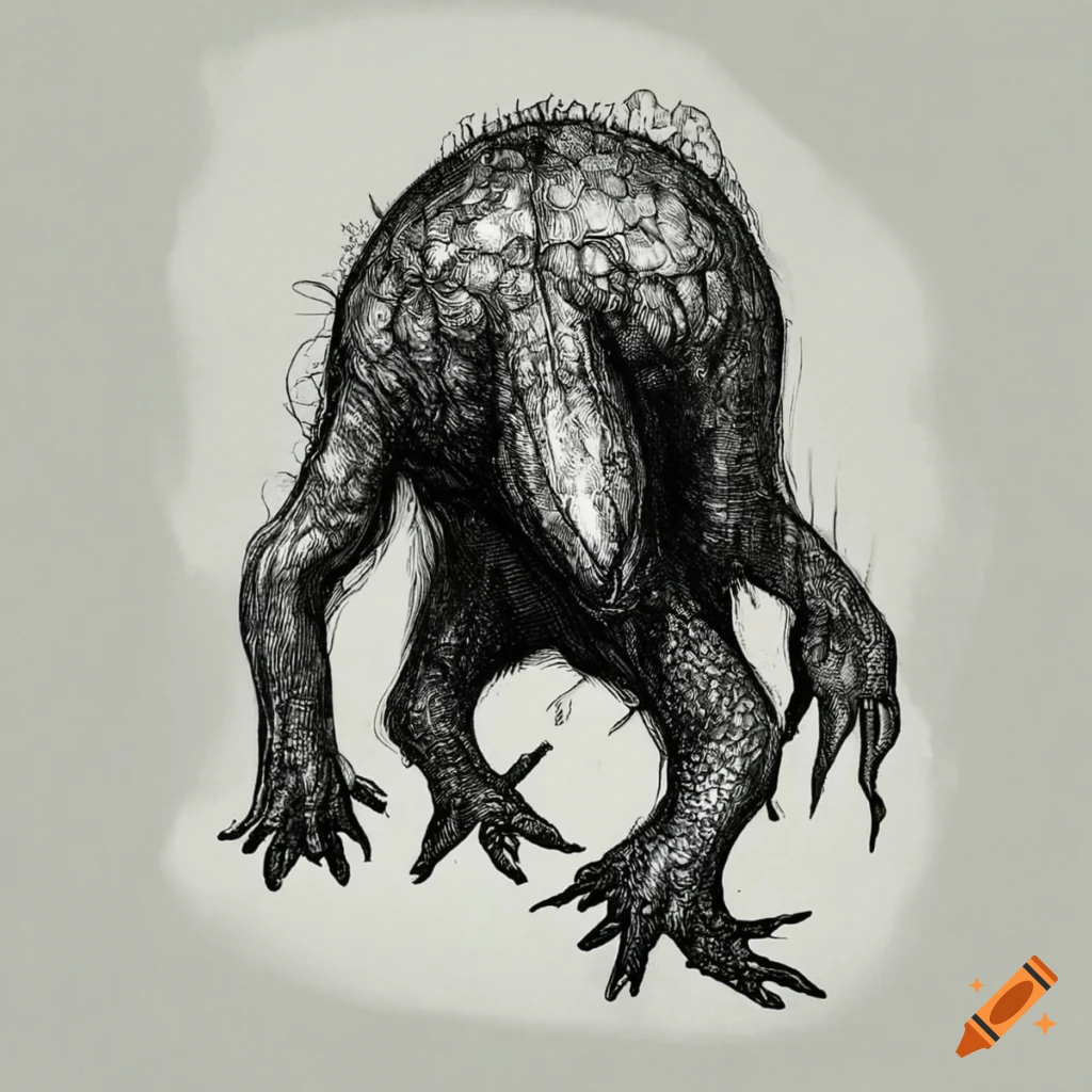 Detailed etching of a Lovecraftian platypus monster on Craiyon