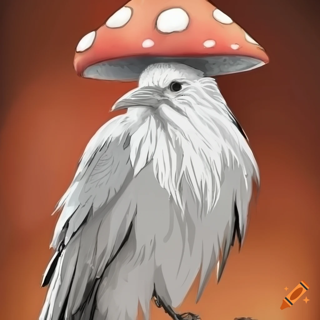 White raven with a mushroom hat on Craiyon
