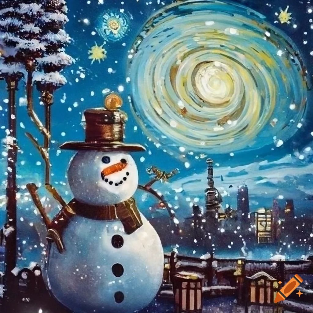 Starry night with a steampunk snowman in a winter shopping center on ...